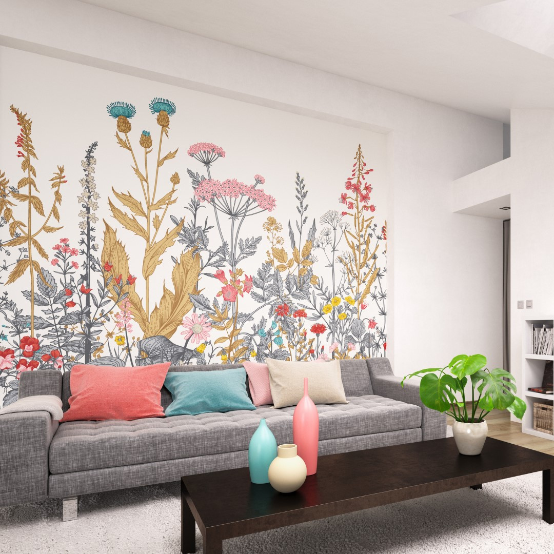 Origin Murals Botanical Fleur Mural Dove & Coral - Medium (300cm x 240cm)