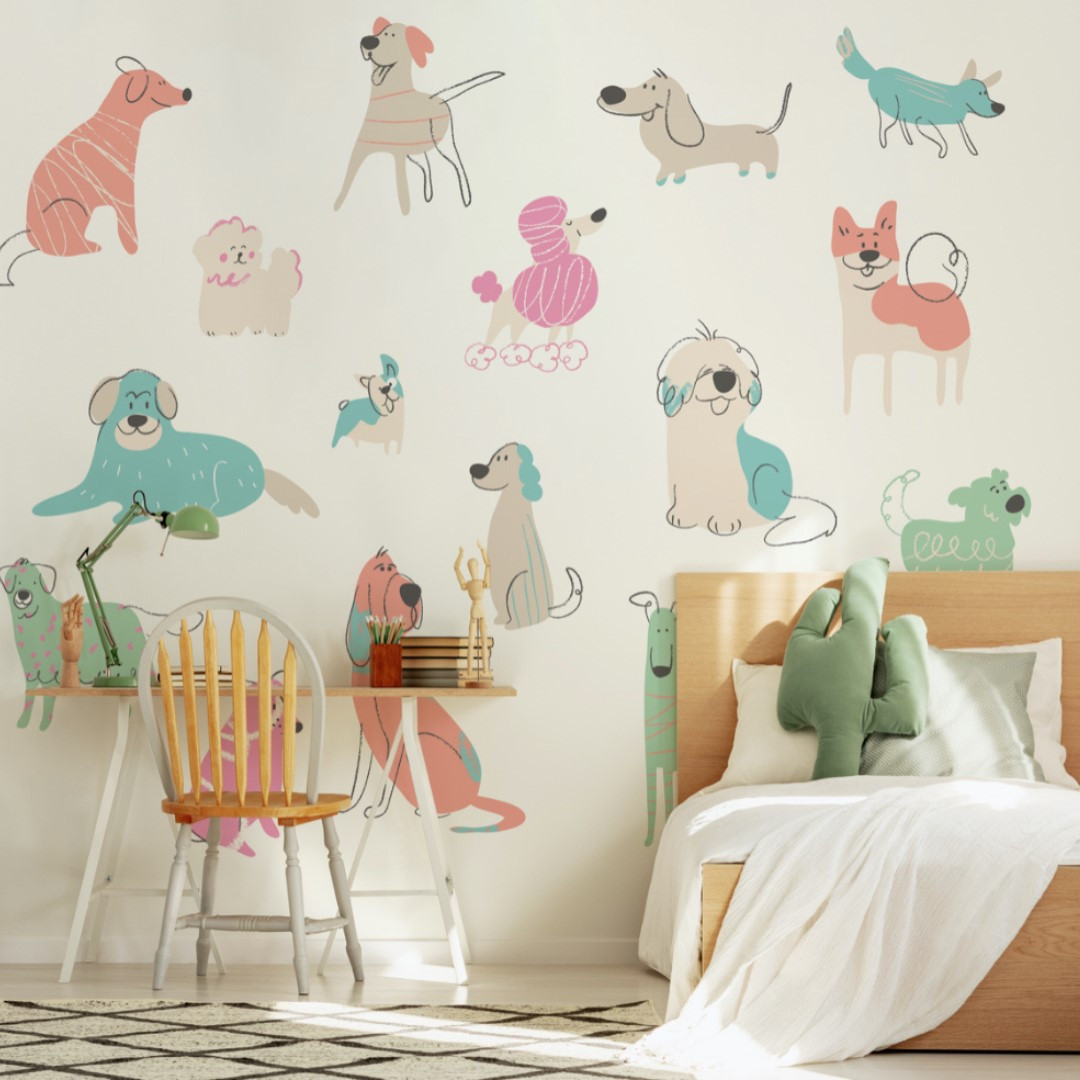 Origin Murals Happy Dogs Mural Blush Pink - Medium (300cm x 240cm)