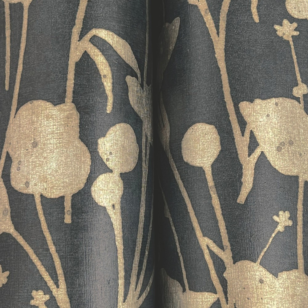 Ronald Redding Tea Garden Shimmering Poppies Black & Gold Wallpaper